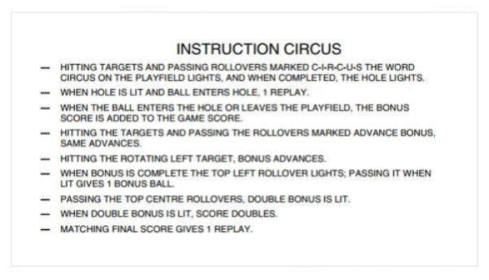 DOC2624 - Zaccaria CIRCUS pinball machine 4 piece score/instruction ...